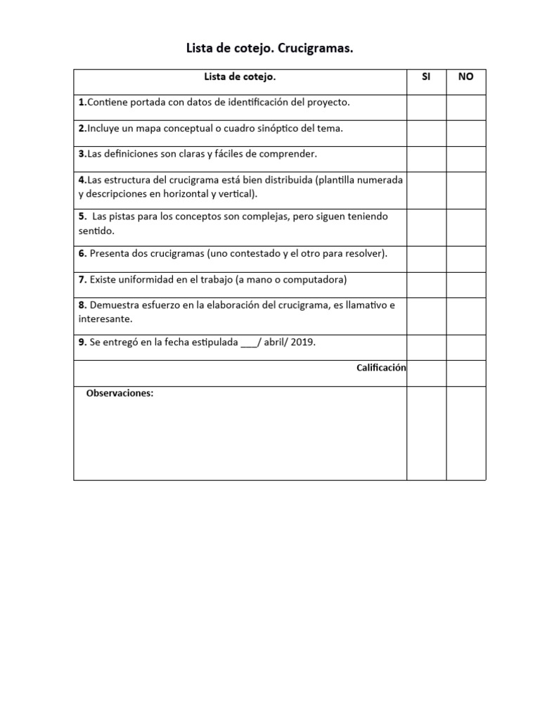 Lista de Cotejo - Crucigramas y Mapas Conceptuales | PDF