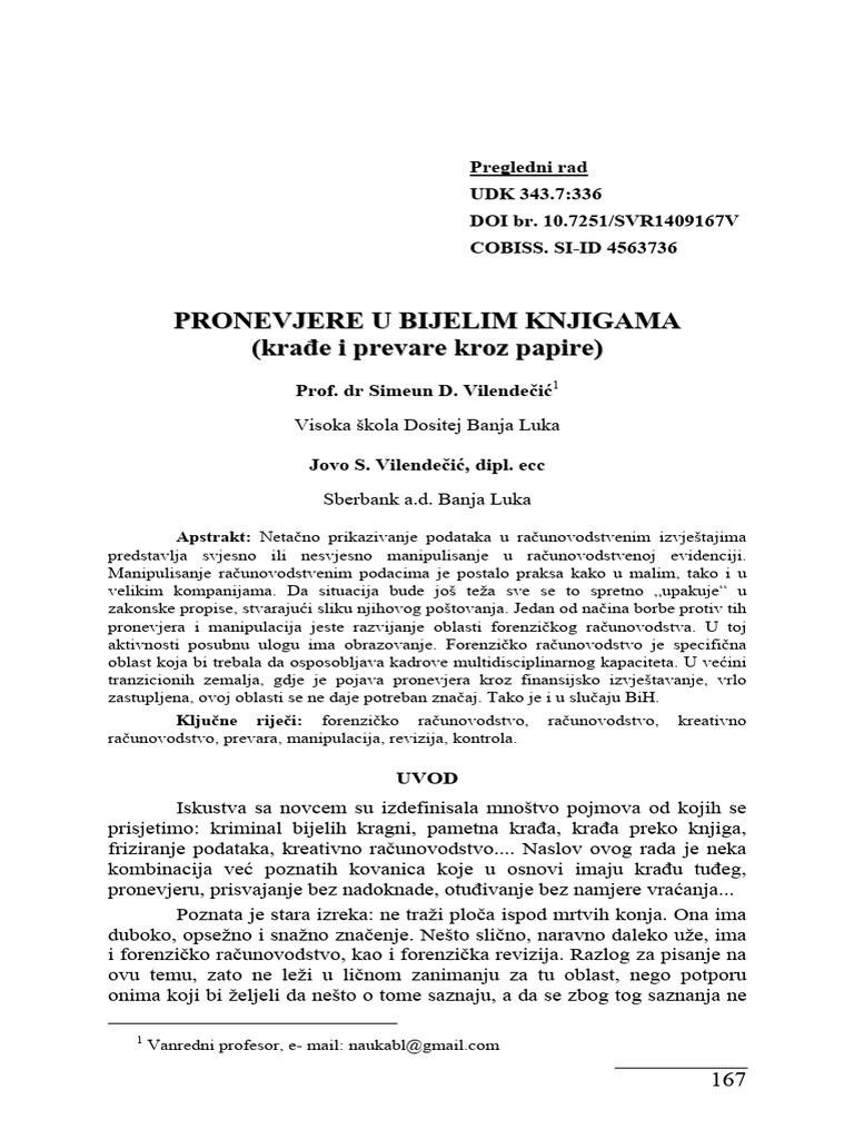 Prof. DR Simeun Vilendečić Jovo Vilendečić Dipl. Ecc PRONEVJERE U ...