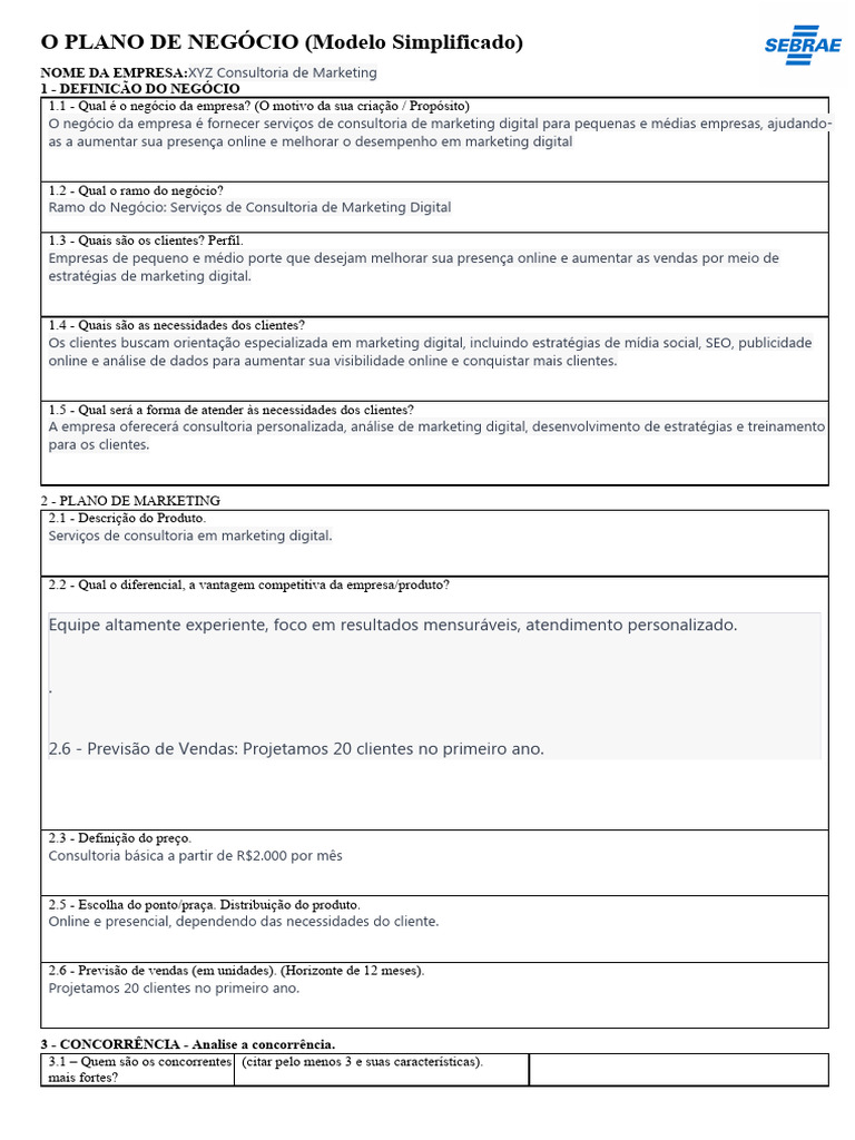 Anexo - Plano de Negócio Modelo Simplificado | PDF