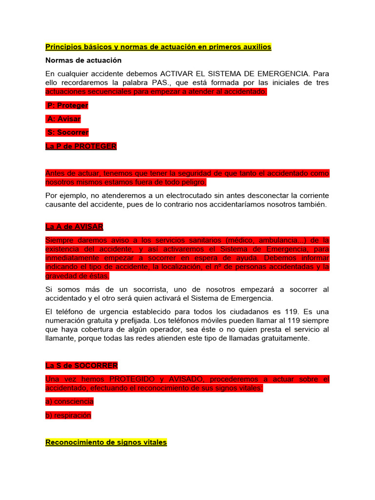 Principios Básicos y Normas de Actuación en Primeros Auxilios | PDF