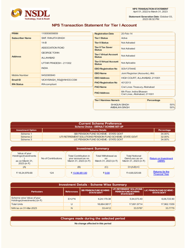 NPS Transaction Statement For Tier I Account: Current Scheme Preference ...