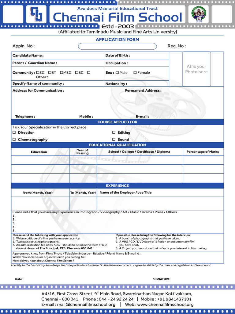 Chennai Film School - Application Form | PDF