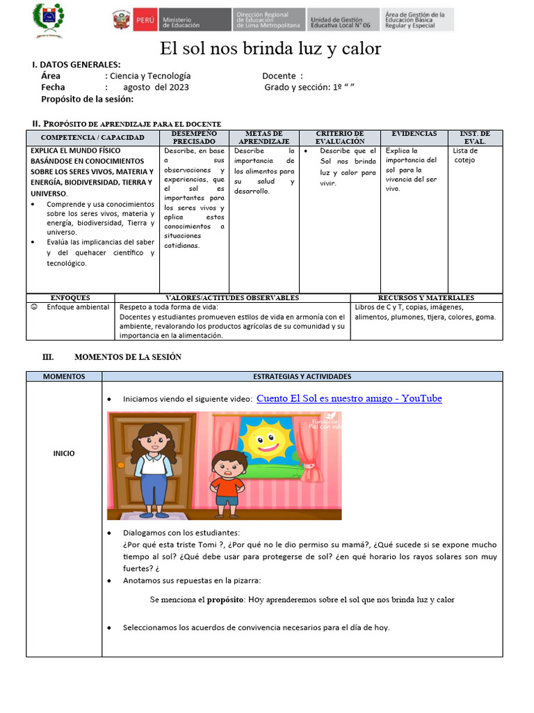 Sesion de Aprendizaje El Sol | PDF