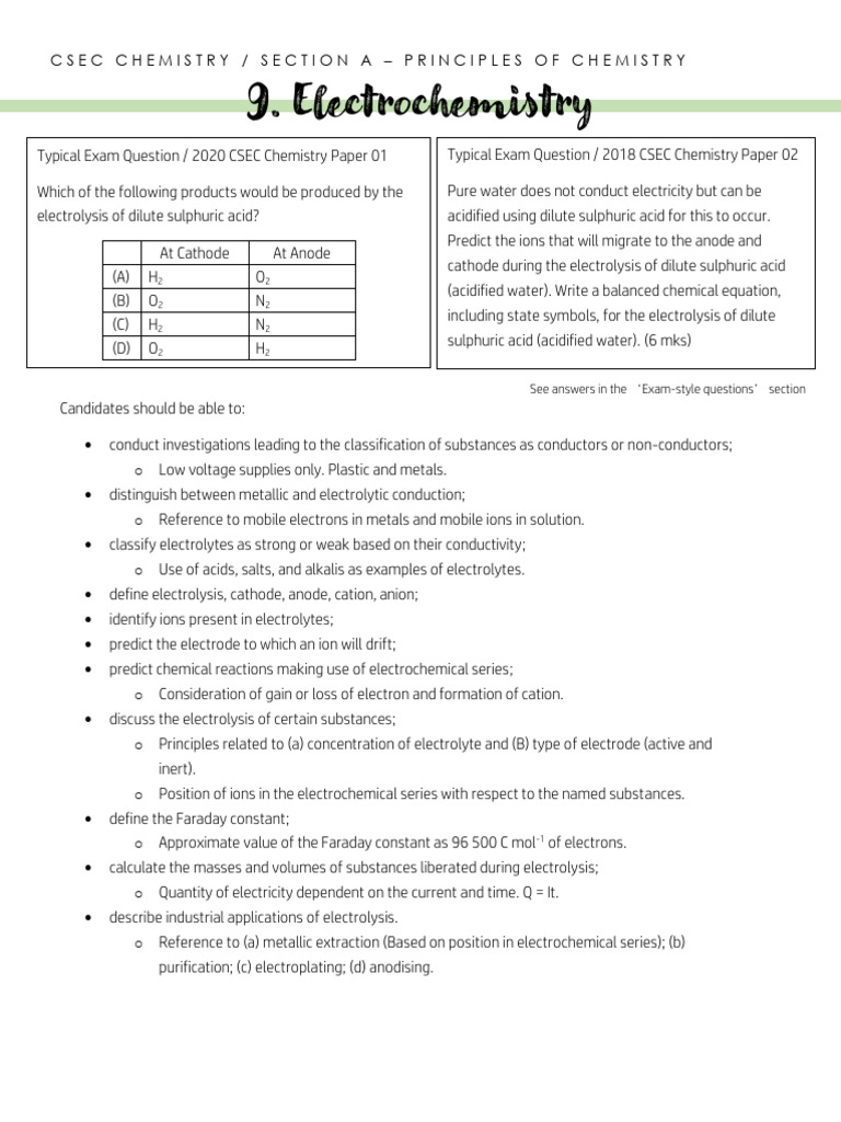 CSEC Chemistry - A9. Electrochemistry | PDF
