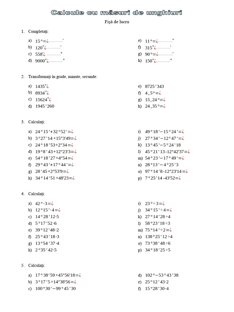 0 Fisa de Lucru Calcule Cu Masuri de Unghiuri 1 | PDF