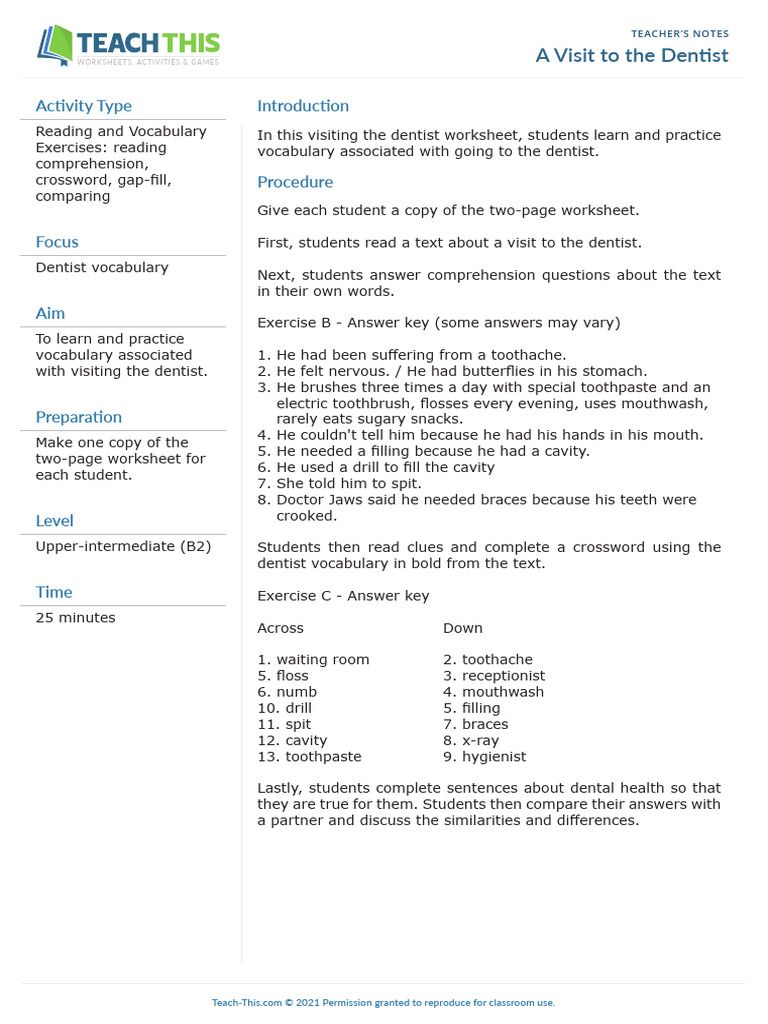 a-visit-to-the-dentist worksheet for English practice | PDF