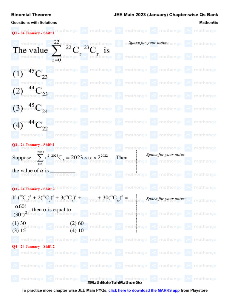 Binomial Theorem - JEE Main 2023 January Chapter Wise Questions by MathonGo | PDF