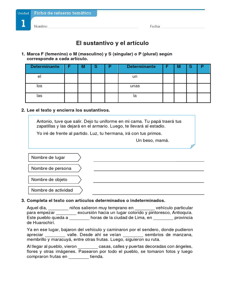 01 FICHA DE REFUERZO - El Sustantivo y El Artículo | PDF