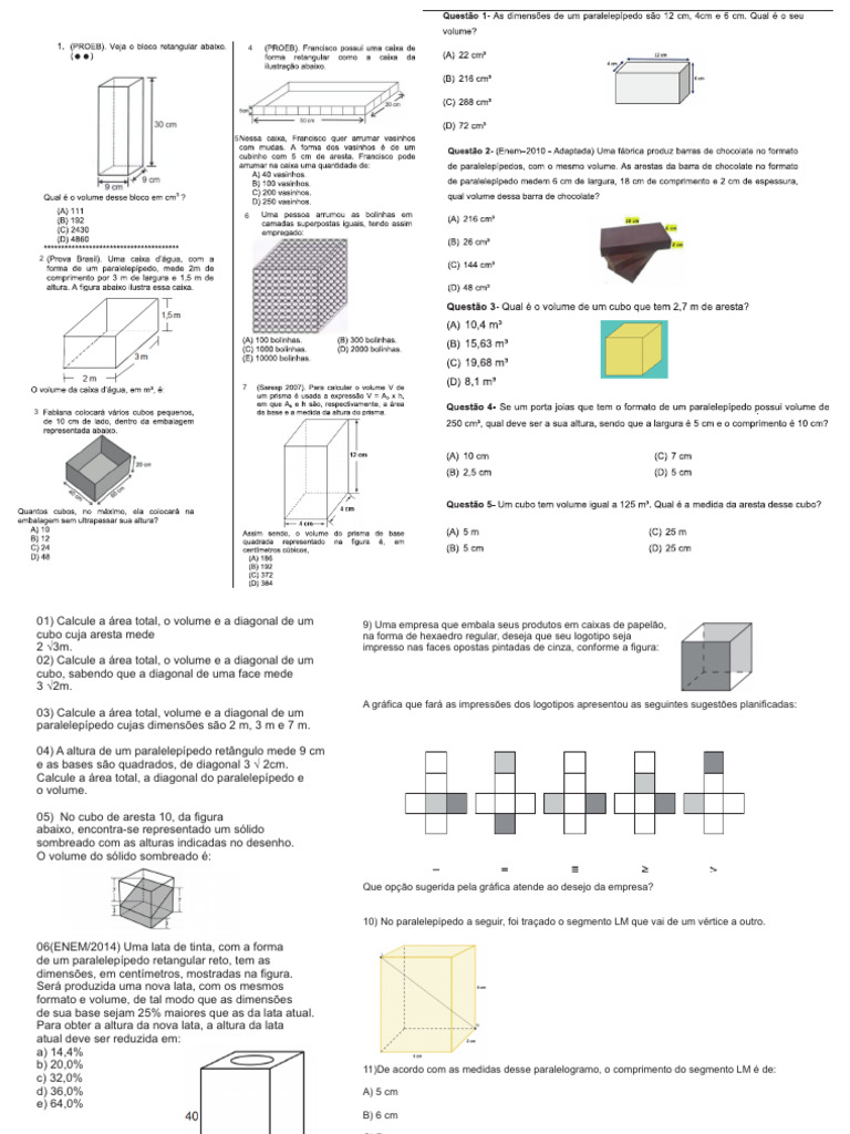Exercícios Cubo e Paralelepipedo | PDF