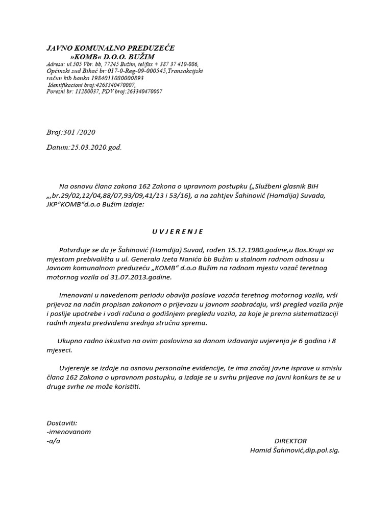 uvjerenje o radnom stazu | PDF