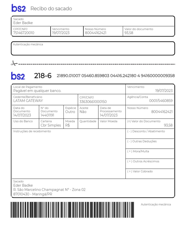 Recibo Do Sacado: Autenticação Mecânica | PDF