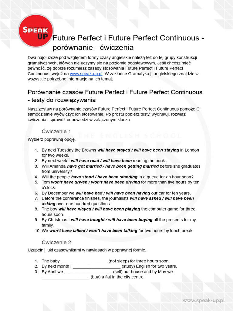 Cwiczenia Future Perfect Future Perfect Continuous Porownanie | PDF