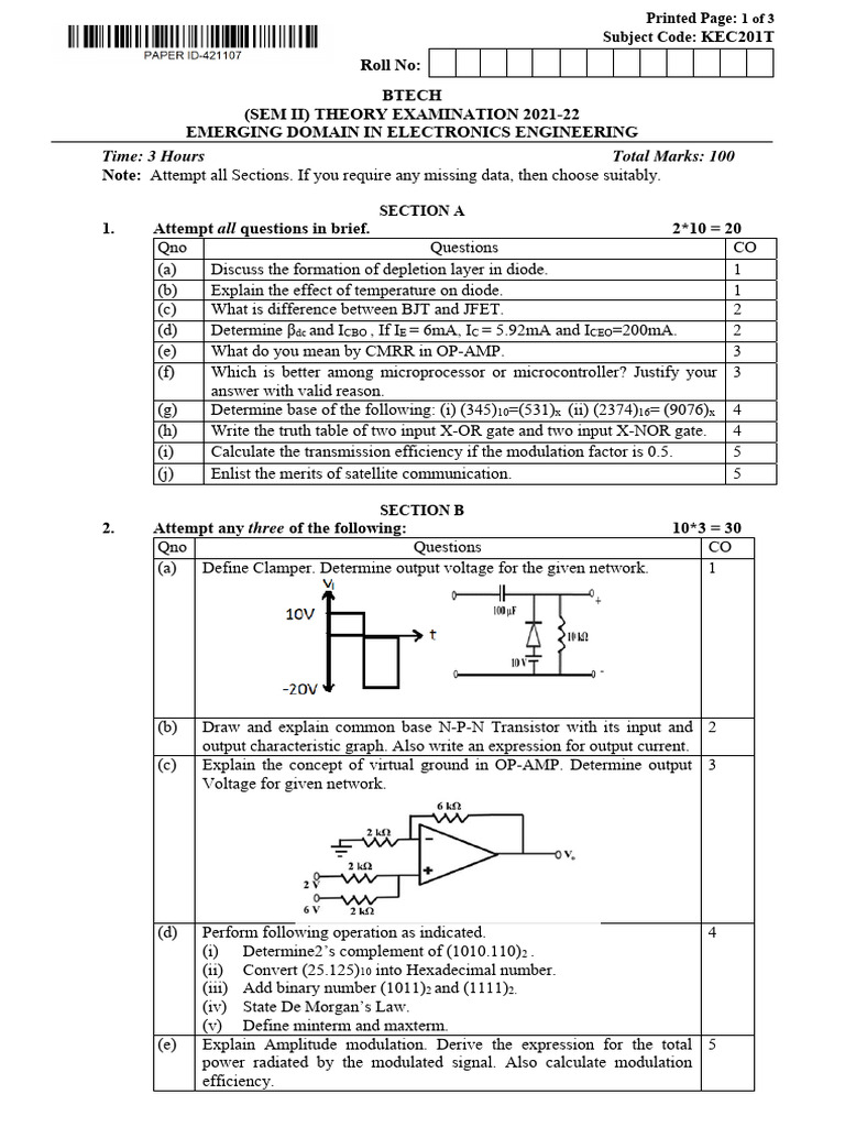 Btech 2 Sem Emerging Domain in Electronics Engineering Kec201t 2022 | PDF