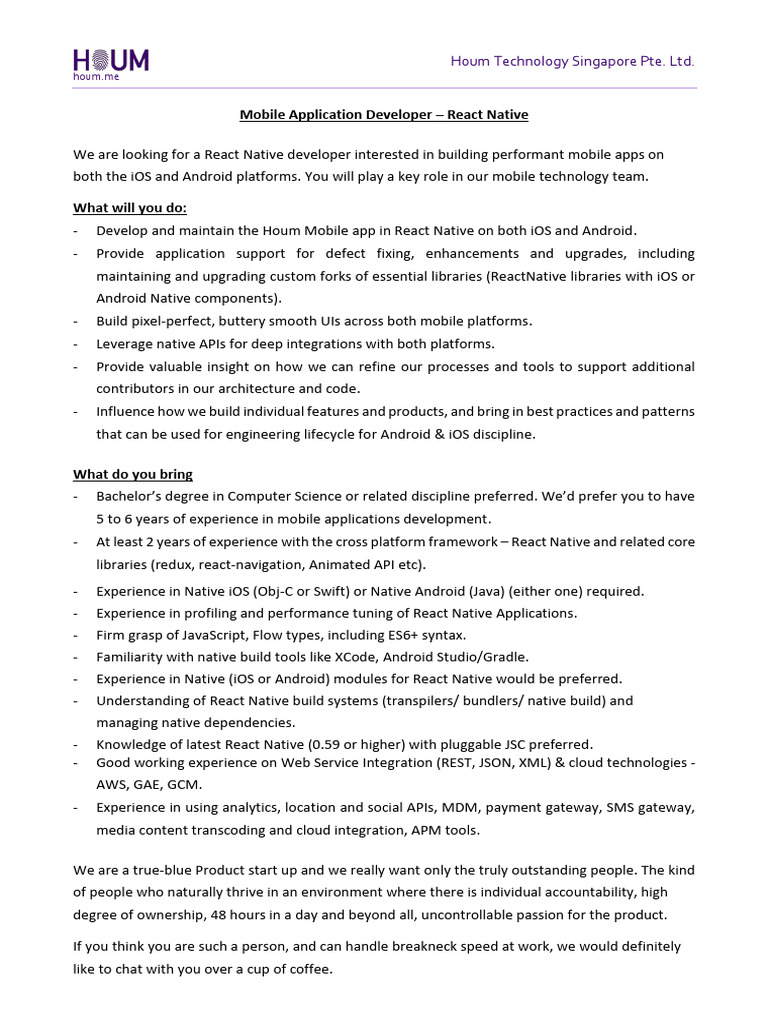 Jd Mobile Application Developer React Native Pdf Android Operating System Mobile App