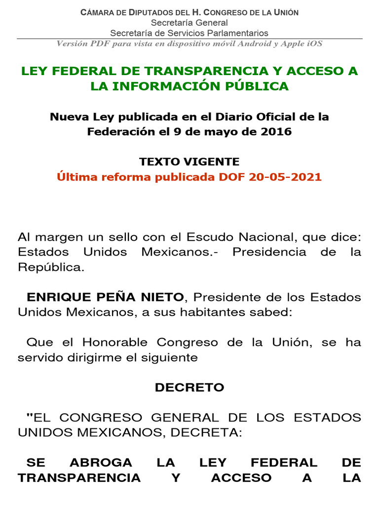 Ley Federal de Transparencia y Acceso A La Informacion Publica | PDF