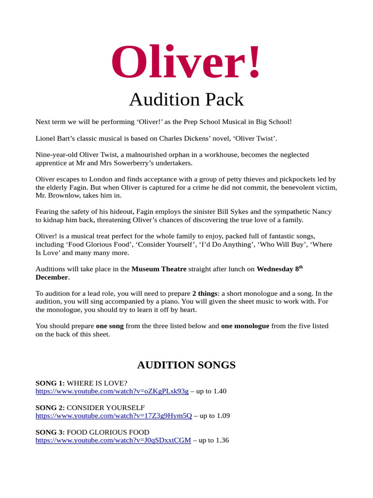 Oliver Audition Pack | PDF | Art | Mystery, Thriller & Crime Fiction