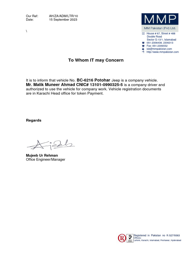 Driver Authority Letter | PDF