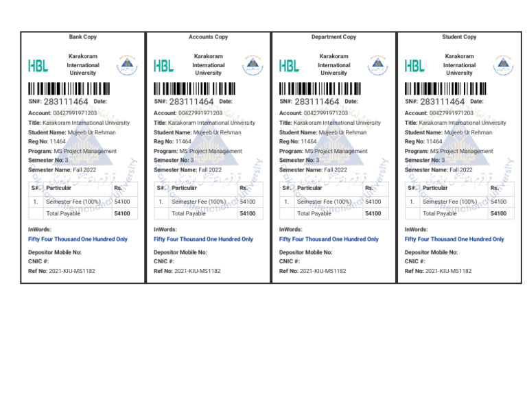 Fee Voucher - Mujeeb Ur Rehman - KIU LMS | PDF