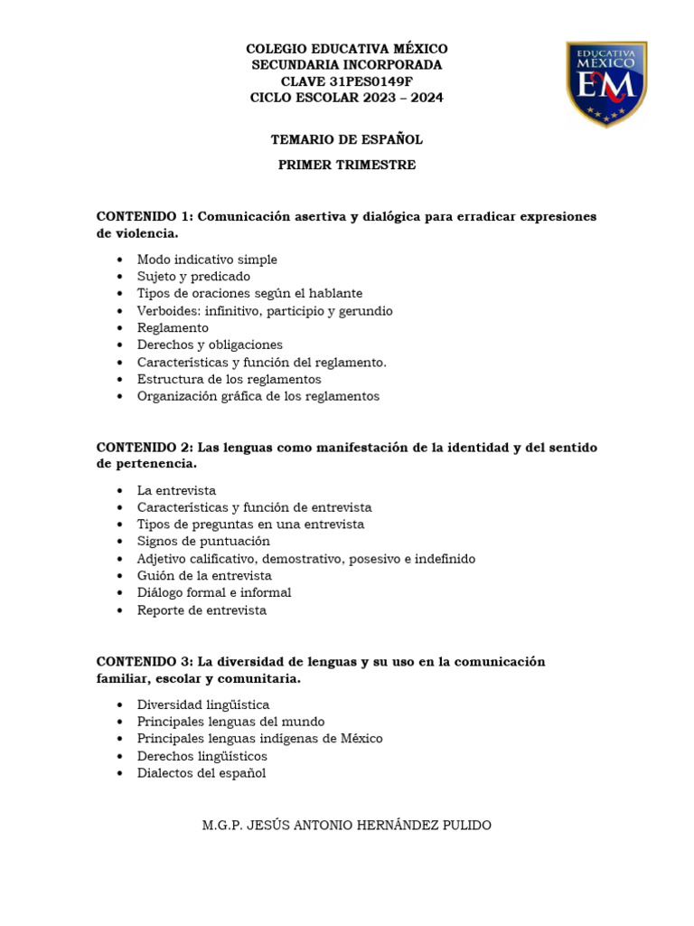 Temario Español Primer Año | PDF