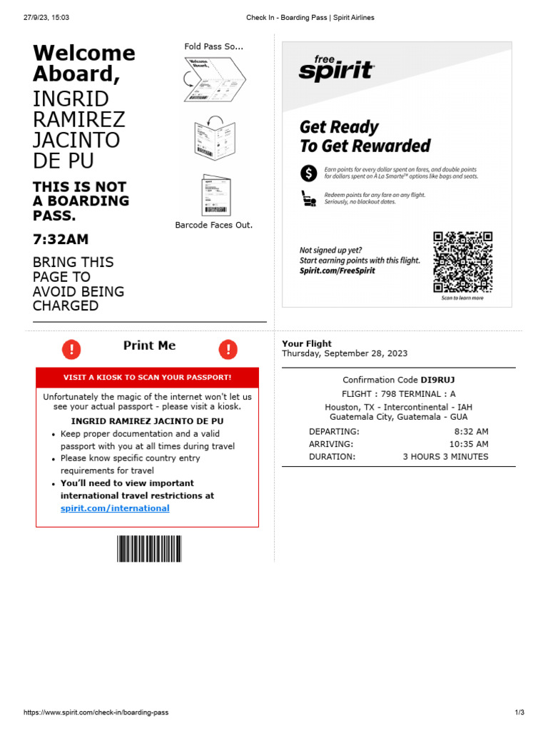 Check in - Boarding Pass - Spirit Airlines Pu Tiu Gabriel | PDF