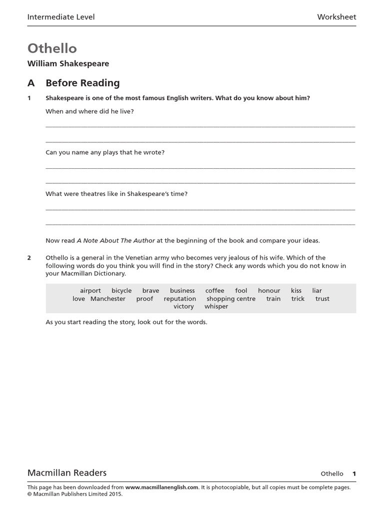 Othello Worksheet | PDF | Young Adult | General Fiction