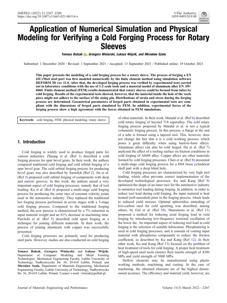 Application of Numerical Simulation and Physical Modeling For Verifying A Cold Forging Process ...