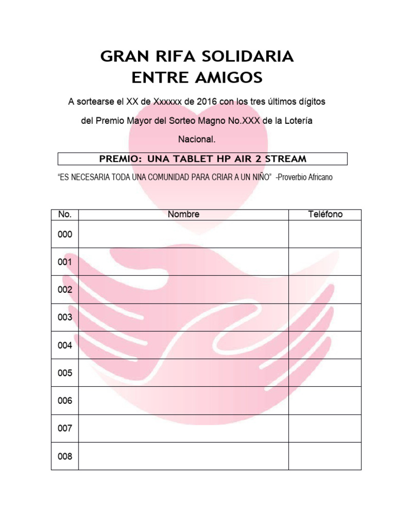 Formato de Rifa Con 1000 Numeros | PDF