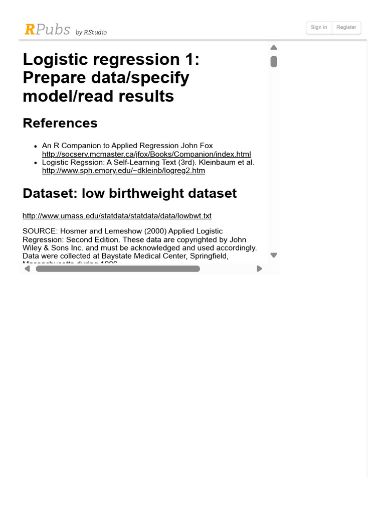 RPubs - Logistic Regression 1 - Prepare Data - Specify Model - Read Results | PDF