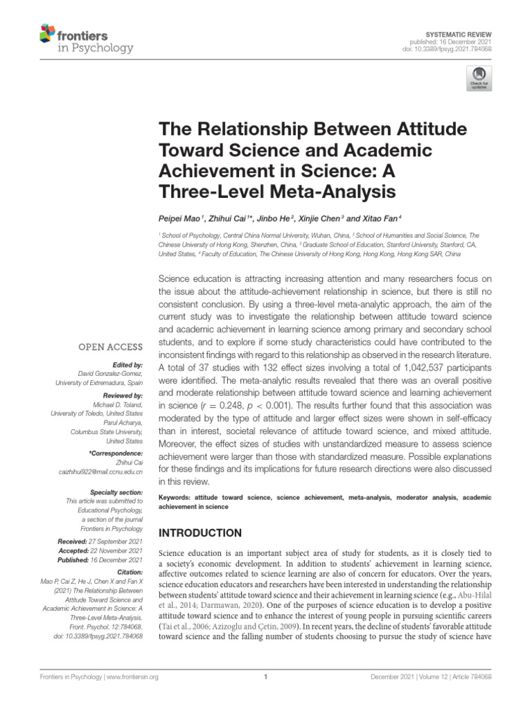 The Relationship Between Attitude Toward Science and Academic Achievement in Science - A Three ...