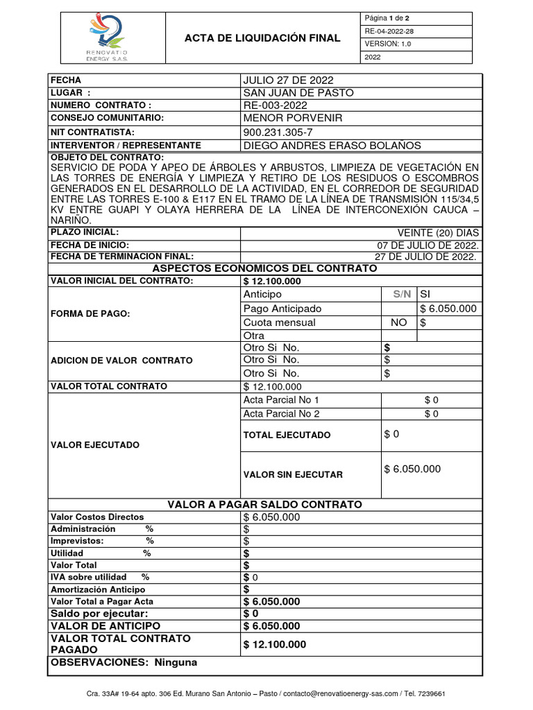Acta de Liquidacion Final Cto Re-003-2022 | PDF