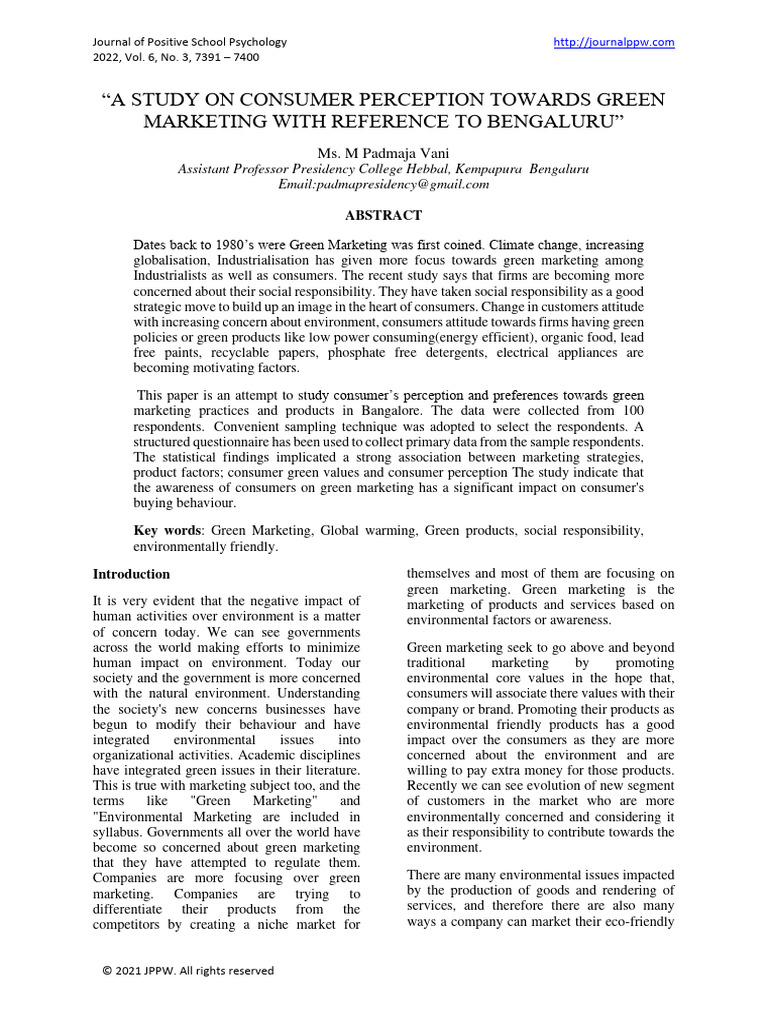 A Study On Consumer Perception Towards Green Marketing With Reference ...