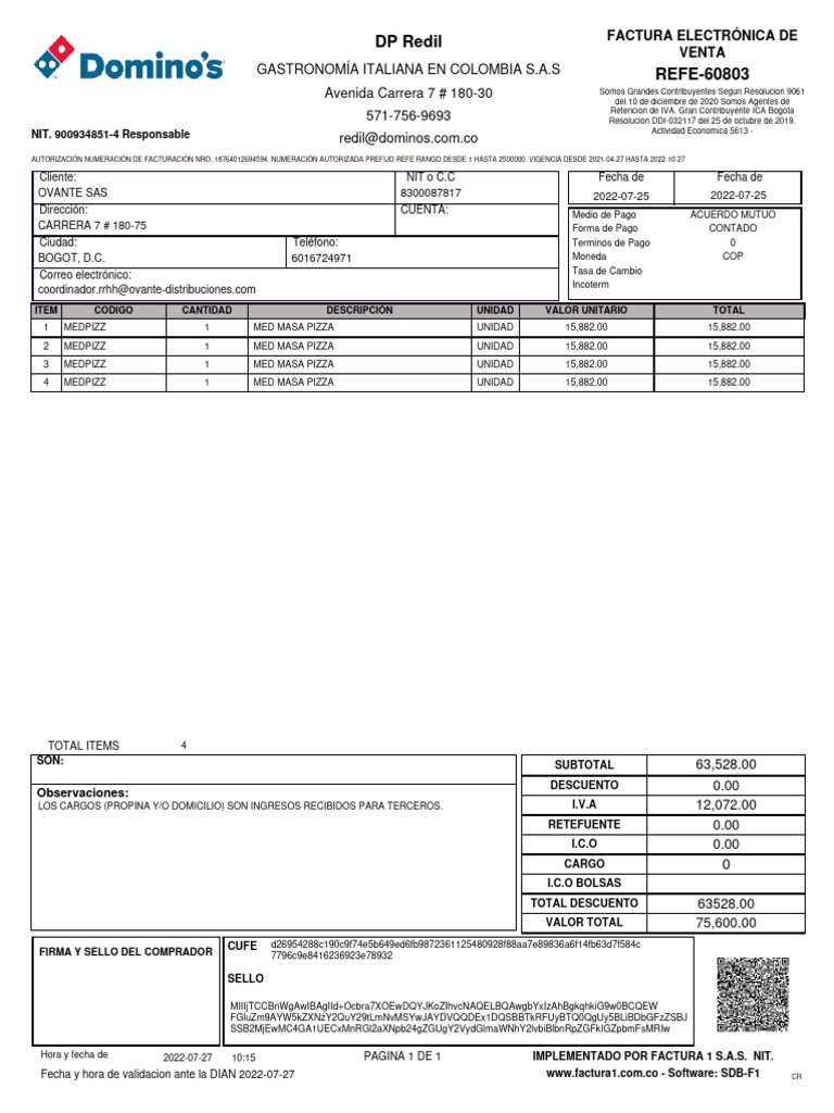 Factura Electrónica Domino's Pizza | PDF