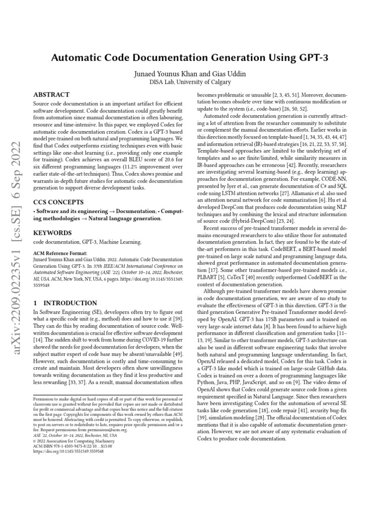 Automatic Code Documentation Generation Using GPT-3: Junaed Younus Khan and Gias Uddin | PDF