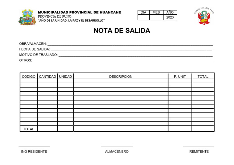 Nota de Salida para Almacenero 2023 | PDF