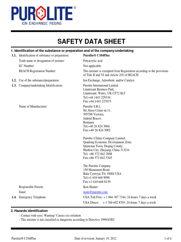 Purolite C104 Plus Resin MSDS | PDF