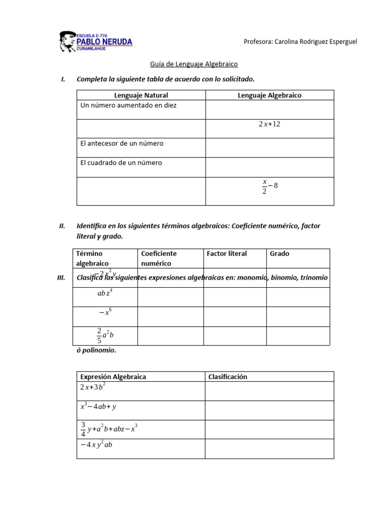 Guía de Lenguaje Algebraico | PDF