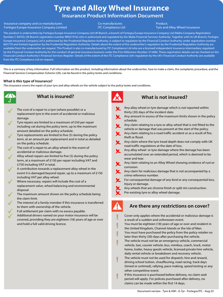 Tyre and Alloy Wheel Insurance Key Facts | PDF