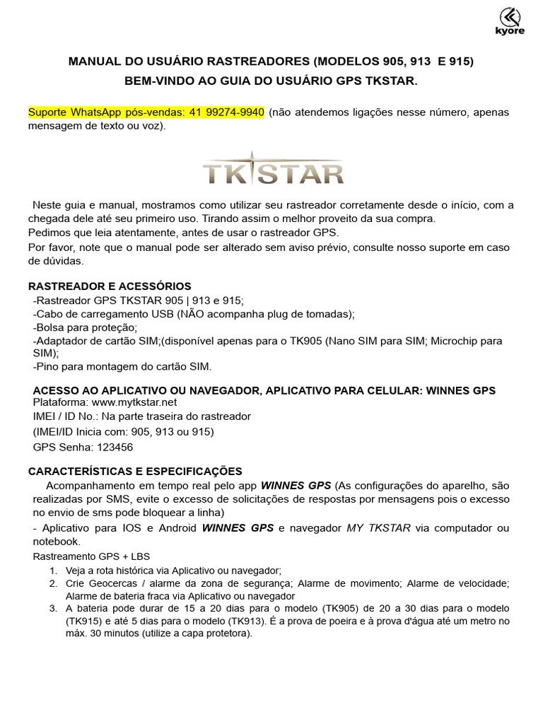 Manual - Rastreador Tkstar 905, 915 e 913 | PDF