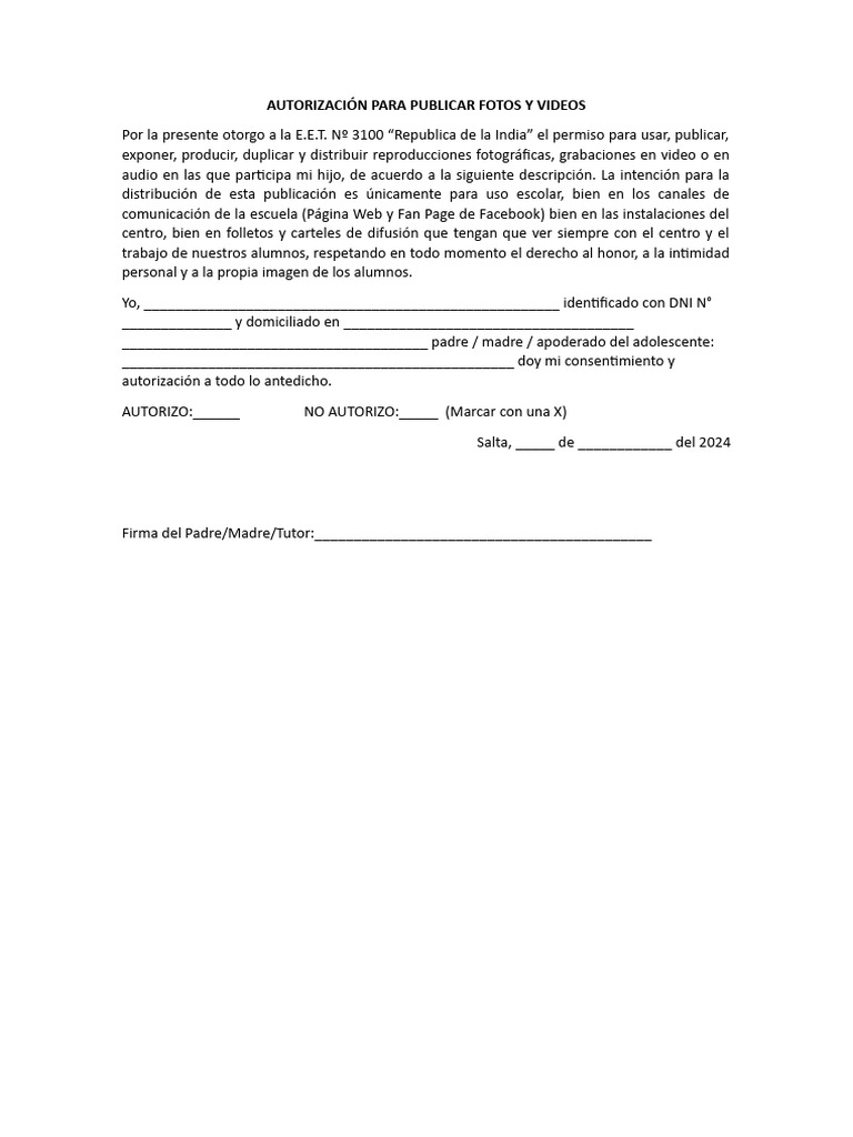 Autorización para Publicar Fotos y Videos | PDF