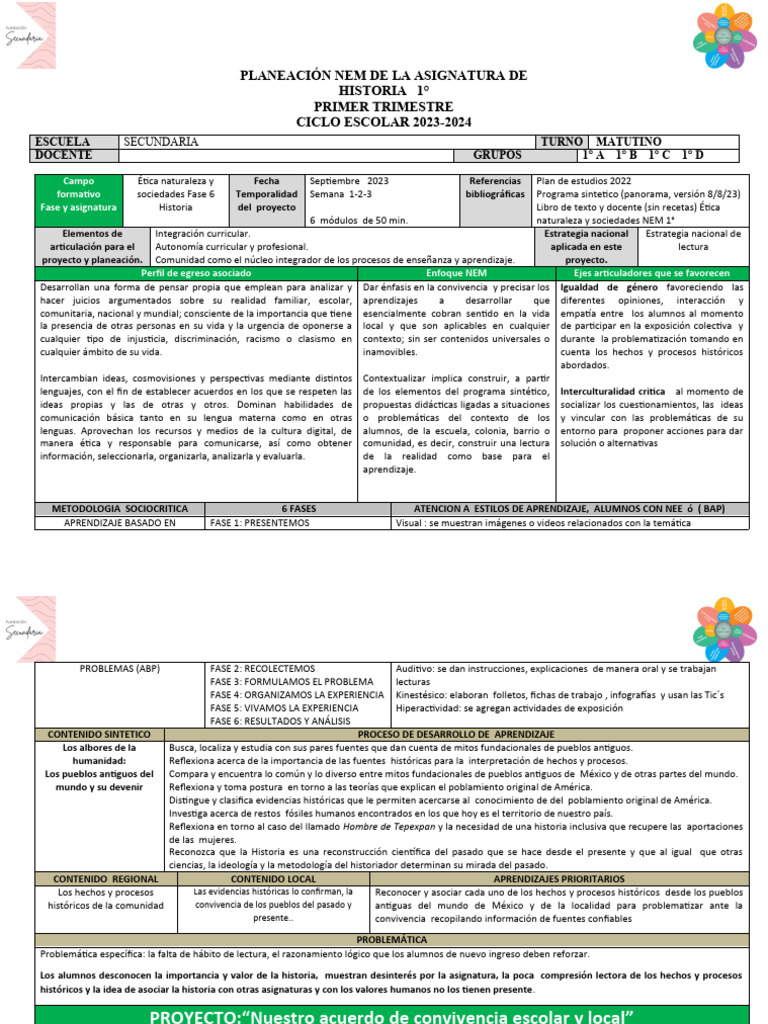 Planeación Nem Historia 1 P1 2023 | PDF | Ciencias sociales