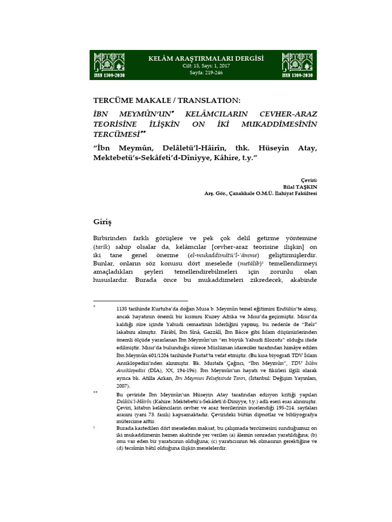 Ibn Meymun Un Kelamcilarin Cevher Araz T | PDF
