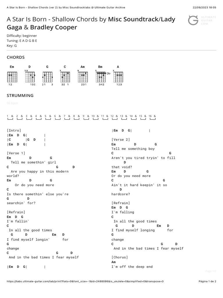 A Star Is Born - Shallow Chords (Ver 2) by Misc Soundtracktabs at Ultimate Guitar Archive | PDF