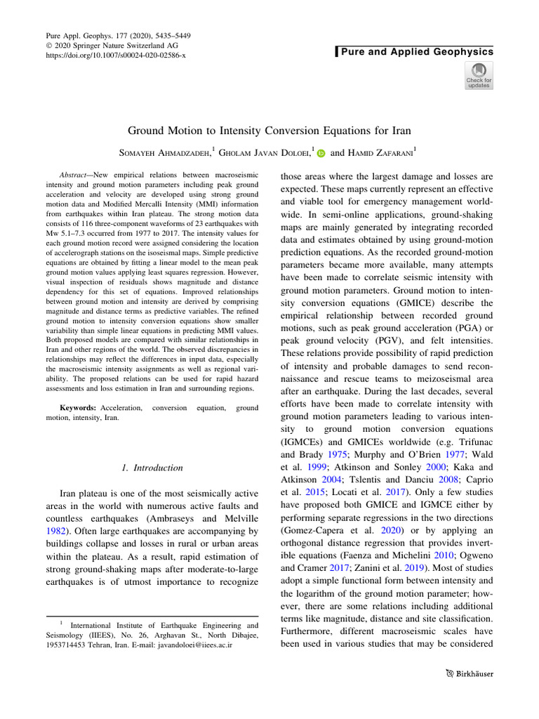 Ground Motion To Intensity Conversion Equations For Iran: Omayeh ...