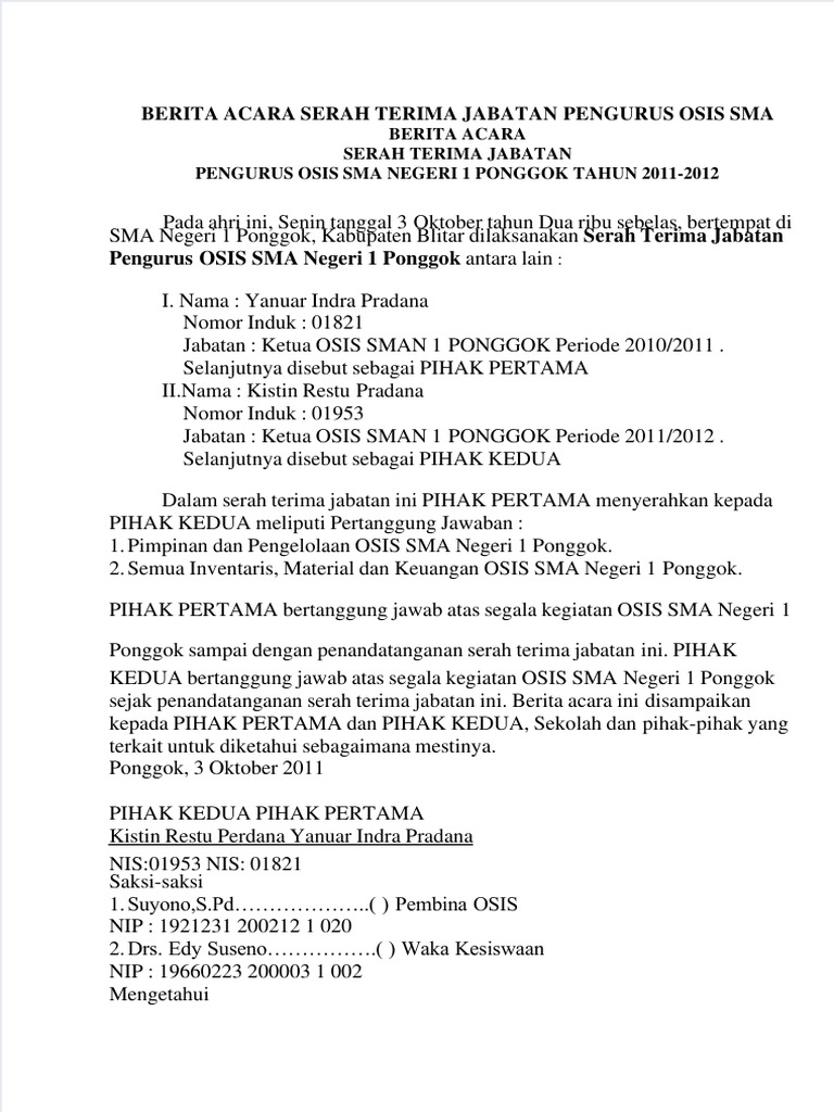 Dokumen - Tips - Berita Acara Serah Terima Jabatan Pengurus Osis Sma | PDF | Ilmu Sosial
