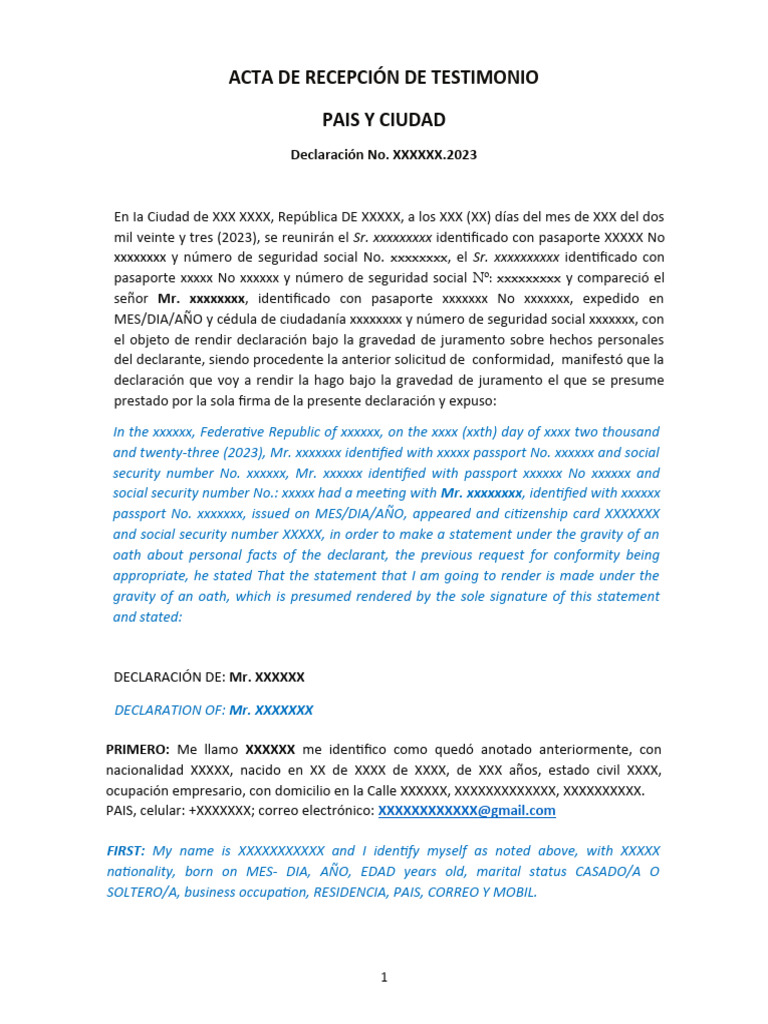 Acta De Recepción De Testimonio Pdf
