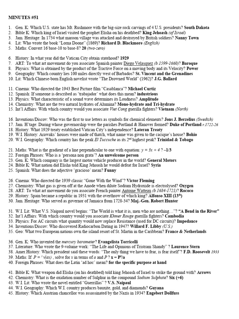 Trivia Questions and Answers Compilation | PDF | Gases