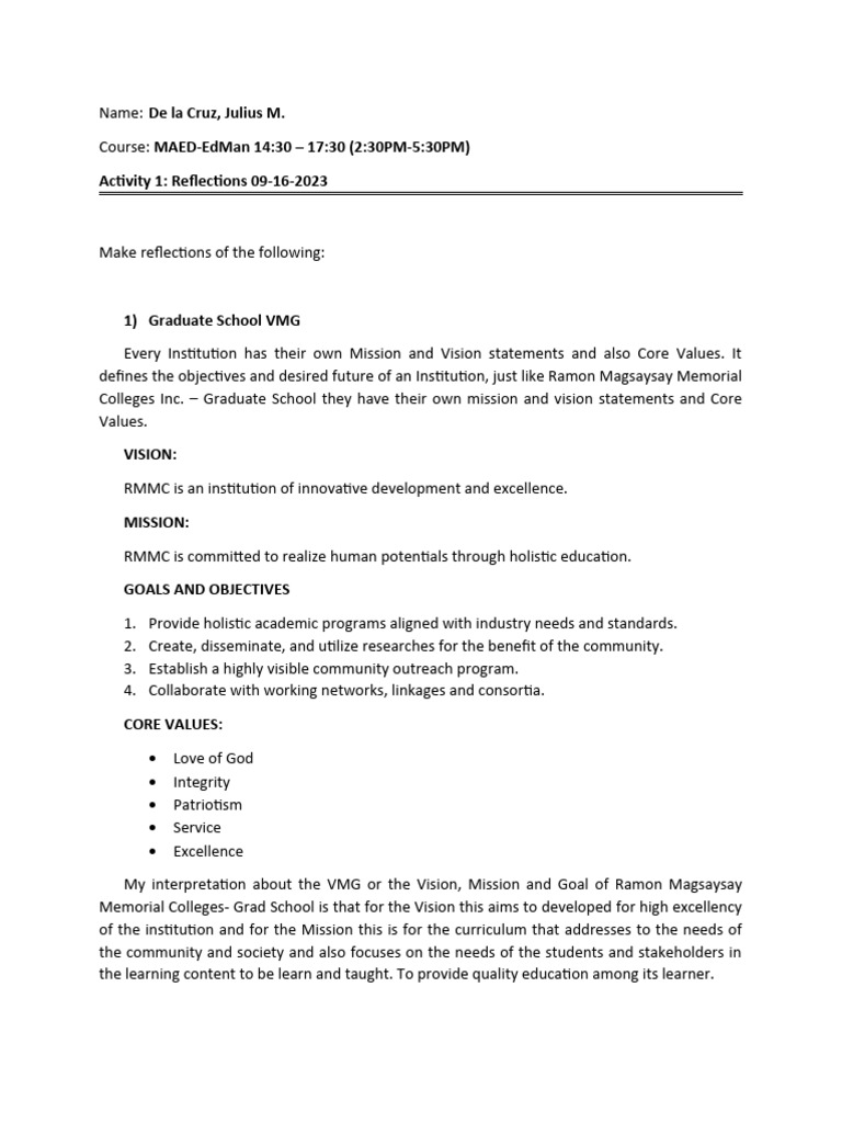 Reflection Paper On RMMC Graduate School VMG, Intro To Statistics and Central Tendencies | PDF