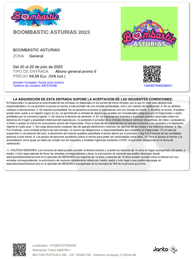 Entrada Abono General BoomBastic 2023 | PDF