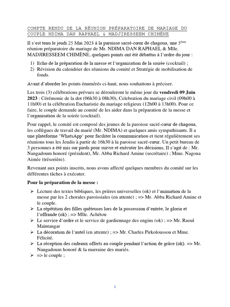 Compte rendu réunion mariage Ndima & Chimène | PDF