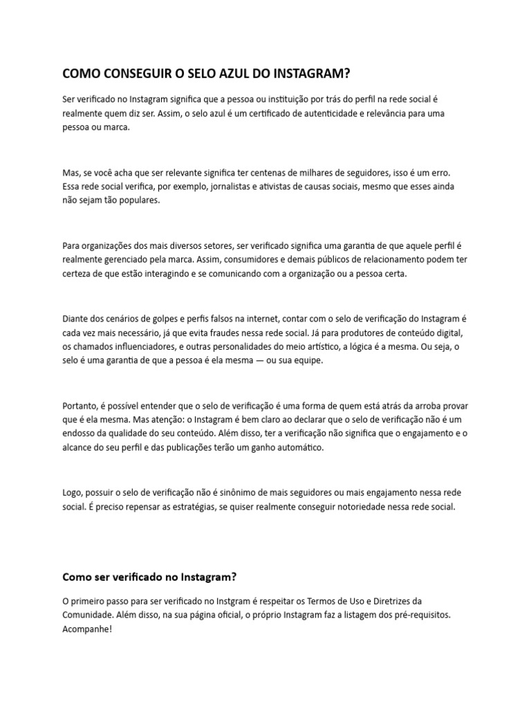 Guia para Obter o Selo Azul no Instagram | PDF